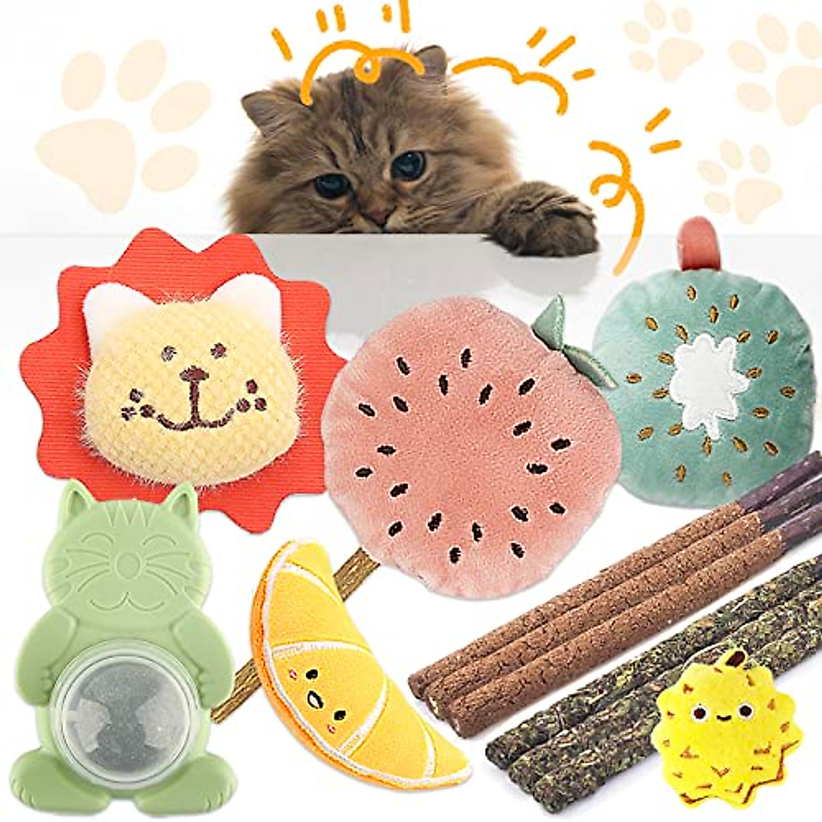 olloiig 12pcs Interactive Cat Toys Set, Squeaky Crinkle Catnip Cat Toy Pack, SliverVine Catnip Sticks and Catnip Wall Balls for Dental Health, Plush Chew Toy for Kitten Cat Gift…