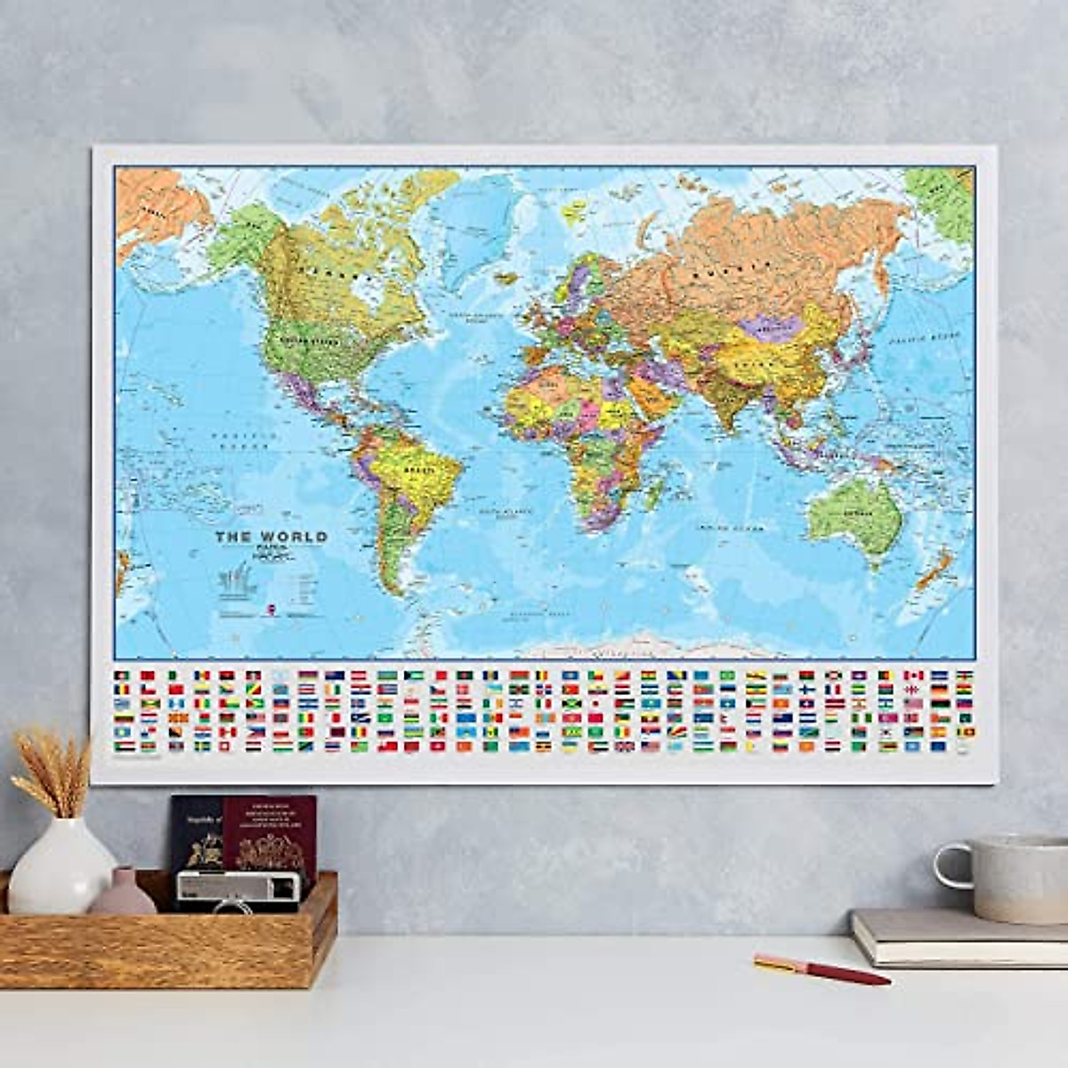 Maps International - Large World Map – Wall Map Poster With Flags – Laminated - 23 x 33