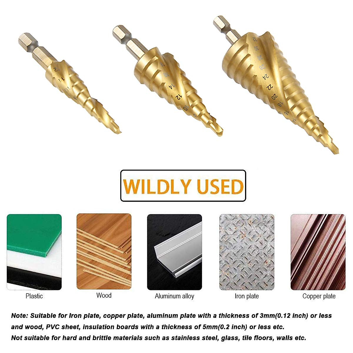 3Pcs HSS Spiral Step Drill Bit Set, 1/4" Hex Shank High Speed Steel Titanium Coated Cone Hole Cutter Bit with Automatic Center Punch for Drilling Plate Aluminum Metal Wood Hole (4-12mm/4-20mm/4-32mm)