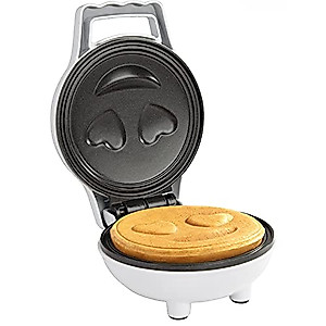 Heart Eyes Emoji Mini Waffle Maker - Make Breakfast Special for Boys & Girls w Cute Personal-Sized 4" Smiley Face Pancakes - Non-Stick, Easy to Clean, Unique Fun Gift or Summer Morning Treat for Kids