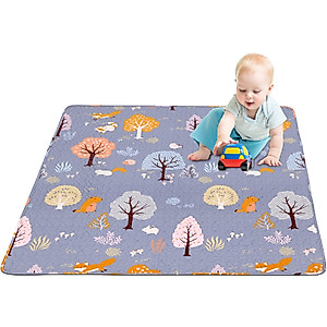 MIIMER Washable Baby Play Mat Portable Playmat for Babies 63x43”, Foldable Toddler Playpen Mat Non-Slip Baby Tummy Time Mat, Soft Floor Play Mats for Infants Extra Large Crawling Mat Grey Forest
