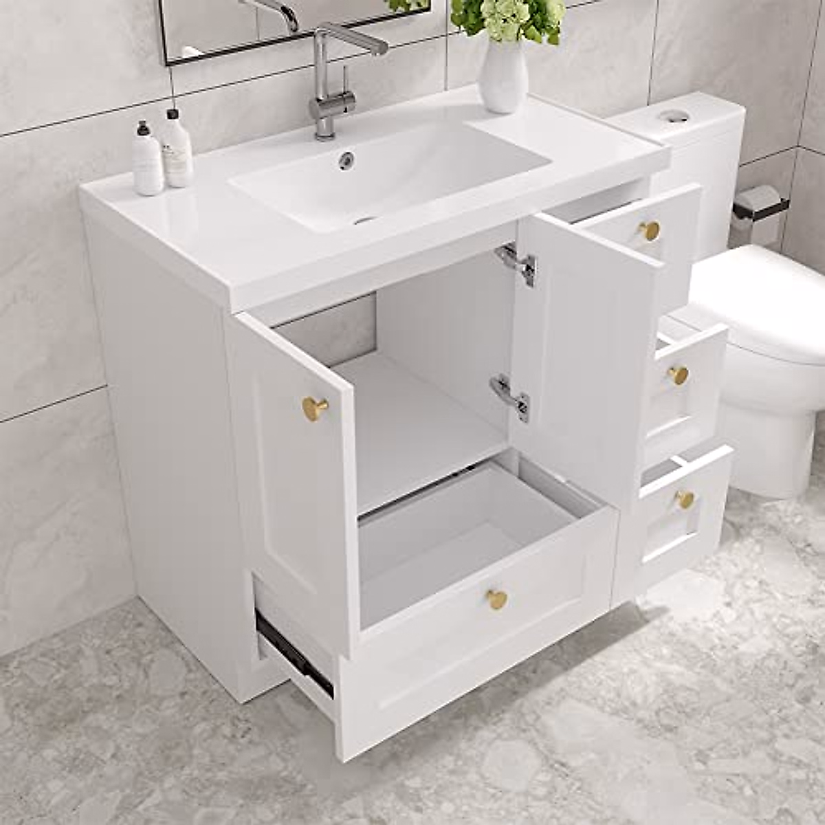 JPND 36" White Bathroom Single Hole Integrated Sink/Countertop, Drop-in Self-Rimming Rectangular Bathroom Vanity Sink Top, 36.38"W x 19.13"D x 7.5"H