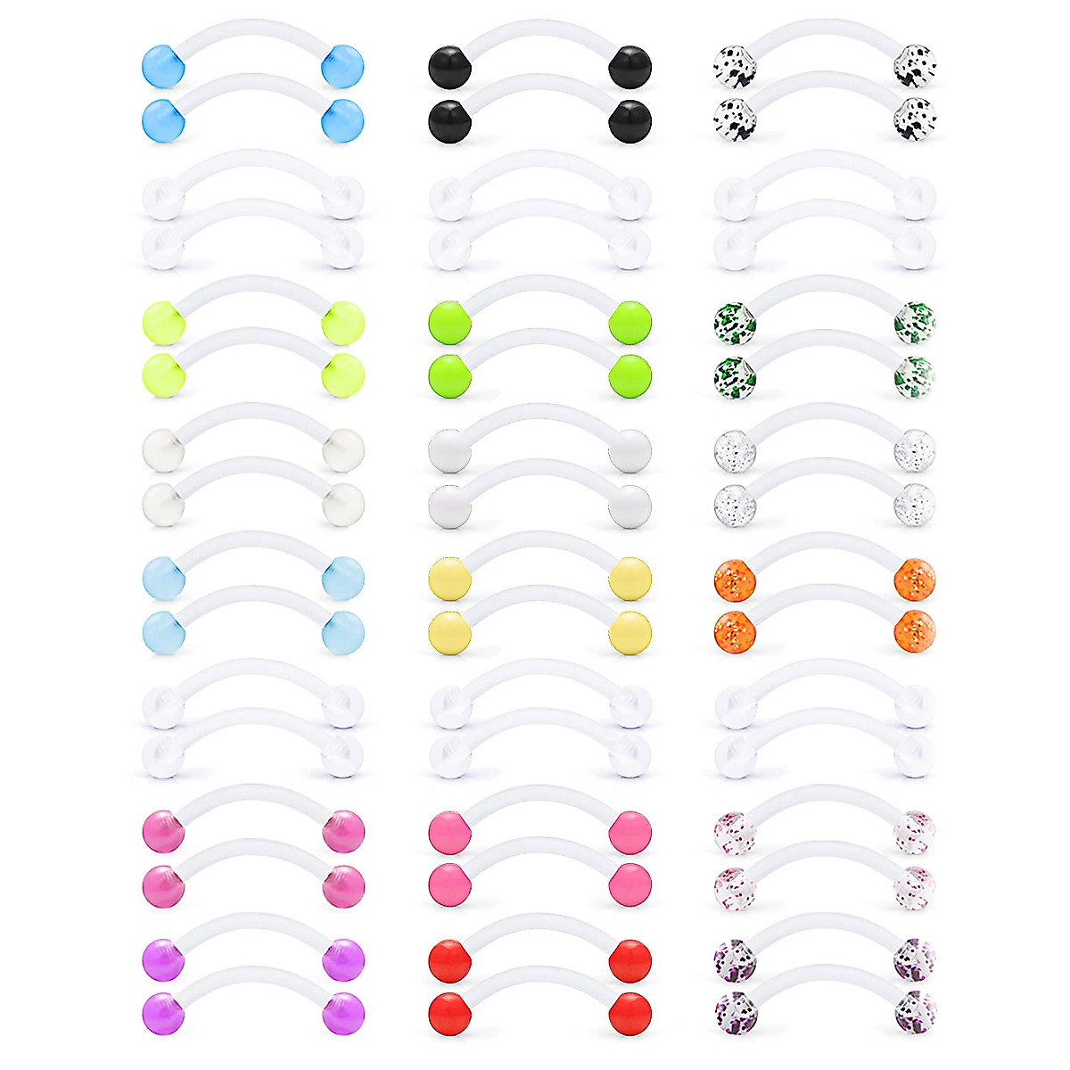 Prjndjw 14G Flexible Plastic Acrylic Piercing Jewelry, 48Pcs Curved Barbell Body Piercing for Women Men, Glow in The Dark Tongue Nipple Rings Retainer, 16mm, Hypoallergenic