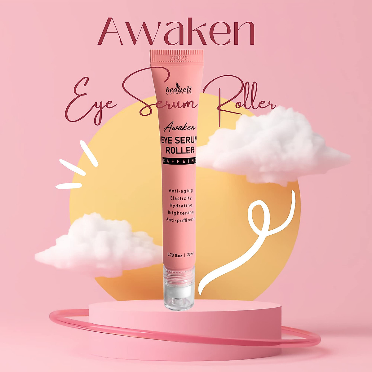 Beaueli Eye Roller and Caffeine Eye Serum - Anti Aging Skin Care with Hyaluronic Acid Niacinamide Peptide - Dark Circles Puffiness - Under Eye Bags - Wrinkles Eye Cream Massager (0.7 fl oz)