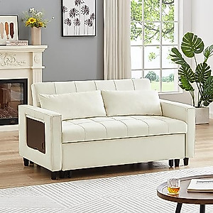 3 in 1 Convertible Sofa Bed Pull Out Couch Sleeper Modern Velvet Loveseat Couch Futon Sofá Bed w/Reclining Backrest,Side Coffee Table,2 Pillows,Lounge Sofa for Living Room Apartment Home Office,White