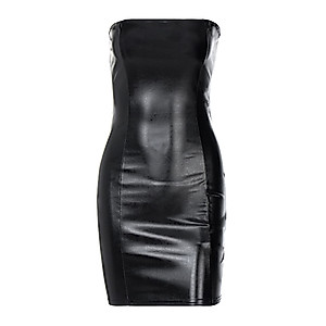 GOOHO Women Sexy Club Party Strapless Bodycon Pu Leather Black Ruched Latex Dress (SPUD-X-Large)