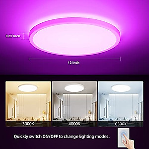BLNAN RGB LED Flush Mount Ceiling Light, 12Inch 24W Dimmable 3000K-6500K Color Changing Light Fixture with Remote Control, Round Ultra Thin Low Profile Hardwired Lamp for Bedroom Kid Room Party