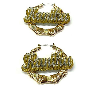 Personalized Custom Gold Hoop Bamboo Earrings Name Plate Laser Cut Design Stunning Look - Quality, Attractive Gold Bamboo Earrings, Made To Order 1.5-3.5 INCHES sizes