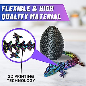 Amerimaker 20" Articulated Dragon With Egg - Big Color Changing - 3D Printed Dragon With Egg - Fidget Dragon Egg & 3D Dragon - Toy Dragon Egg With Figures - Made in the USA - (Rainbow With Black Egg)