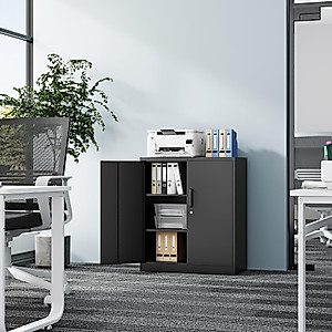 Fesbos Metal Storage Cabinet-36” Tall Steel File Cabinets with Lockable Doors and Adjustable Shelves-Black Steel Storage Cabinet for Home, School, Office, Garage