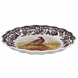 Spode Woodland Oval Fluted Dish with Pheasant Design | 14.5 Inch Large Serving Platter | Serving Tray for Events, Dinner Parties, and Thanksgiving | Microwave and Dishwasher Safe