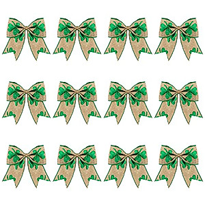 12 Pcs St. Patrick's Day Wreath Bow St. Patrick's Day Shamrock Bow Decorations Irish Tree Topper Shamrock Decorations St. Patrick's Day Craft Ribbon Supplies (Burlap Color, Green, 5.91 x 5.91 Inch)