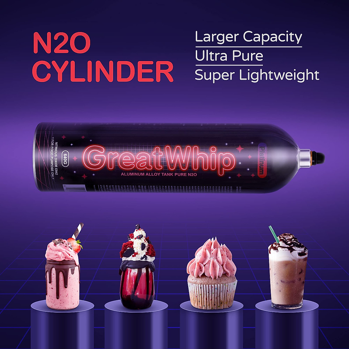GreatWhip 640g Whipped Cream Chargers Cylinders Aluminum Construction Lightest Whip Cream Tank Cartridge (12 Cylinders）