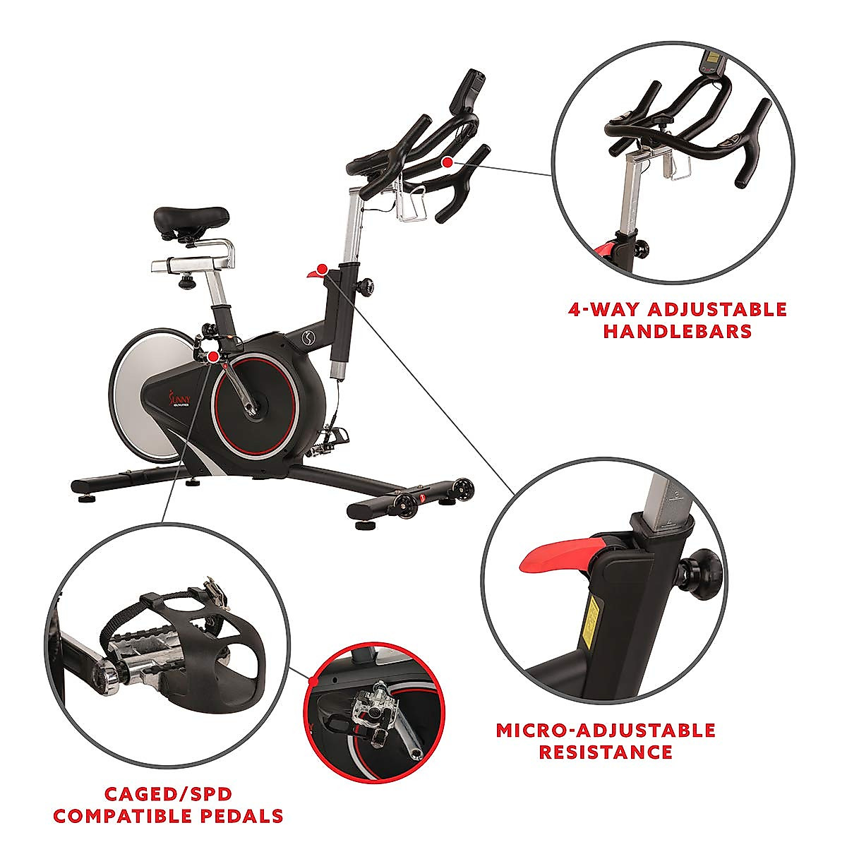 Sunny Health & Fitness Magnetic Rear Belt Drive Indoor Cycling Exercise Bike with RPM Cadence Sensor - SF-B1709, Black