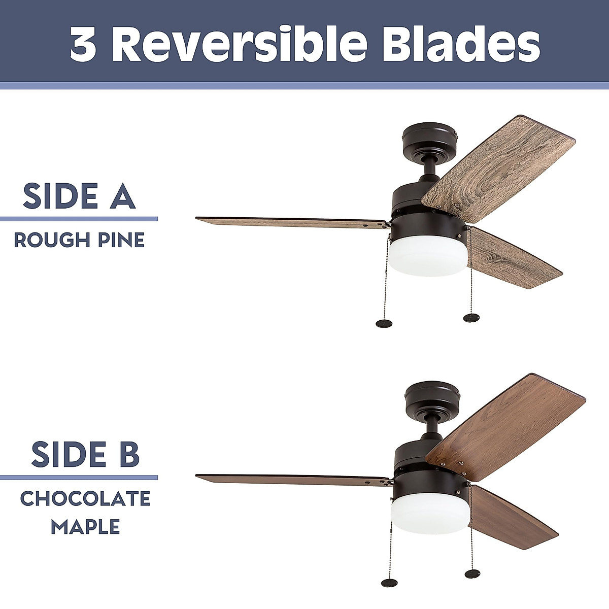 Prominence Home Reston, 42 Inch Modern Farmhouse LED Ceiling Fan with Light, Pull Chain, Dual Mounting Options, Dual Finish Blades, Reversible Motor - 51015-01 (Bronze)