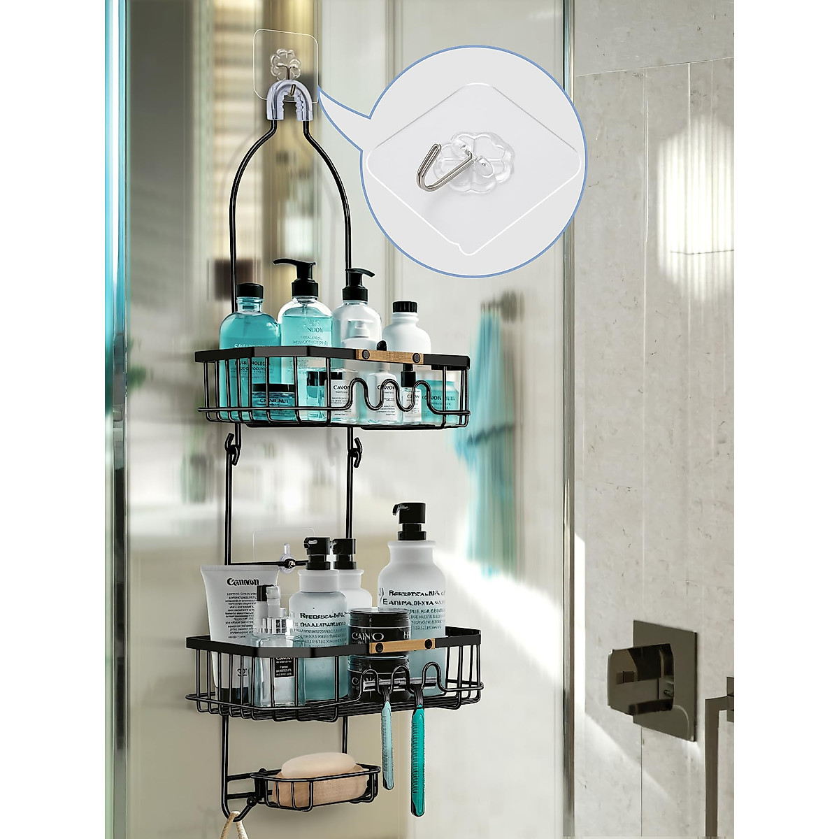 Gronda Shower Caddy Hanging Over Shower Head, Rustproof Anti-Slip Anti-Swing Black Shower Head Caddy Hanging for Inside Shower with Hooks and Adhesives