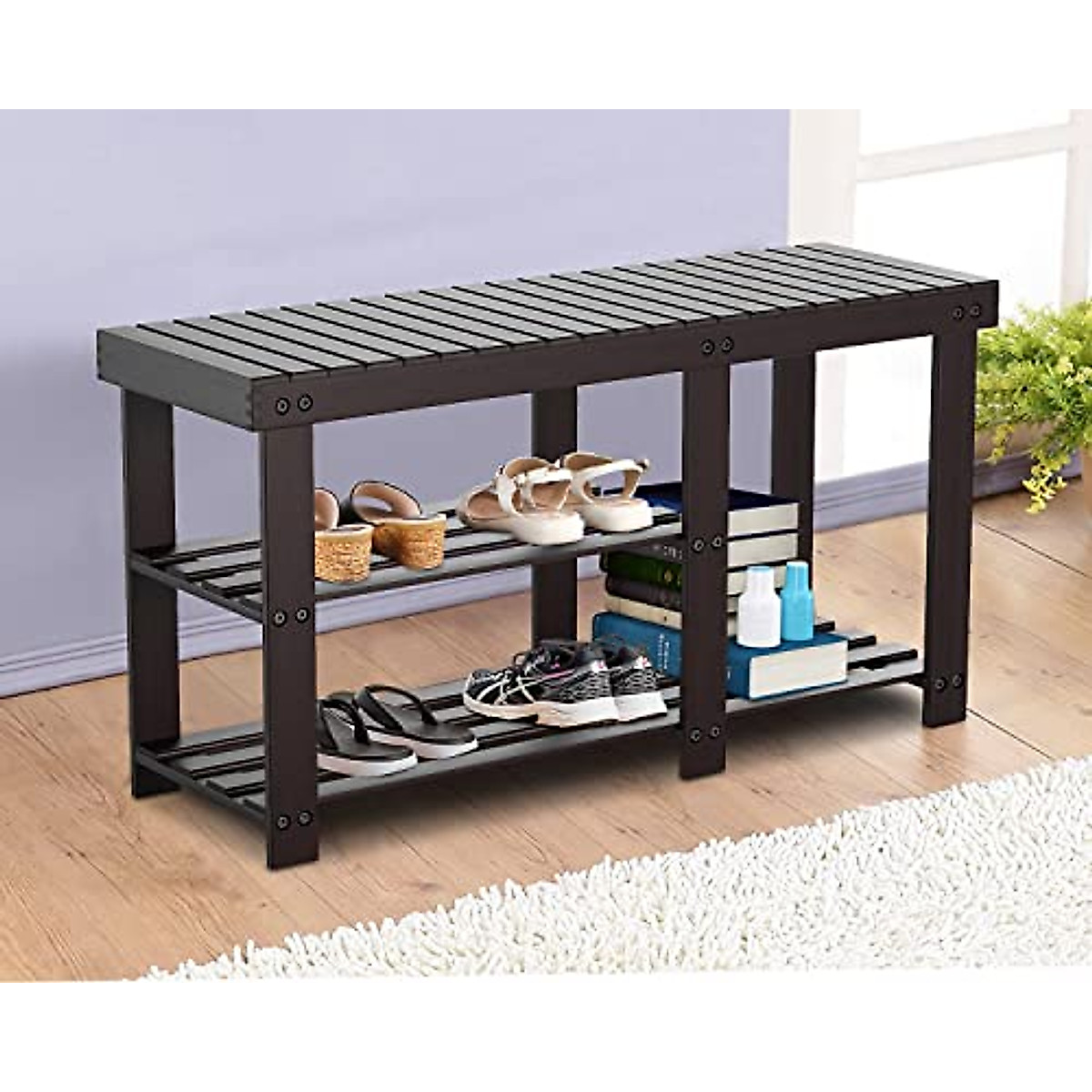 PayLessHere Bamboo Shoe Bench, Shoe Rack for Boots, Entryway Storage Organizer, 3-Tier Shoe Shelf, for Hallway, Bathroom, Living Room, Corridor, Black