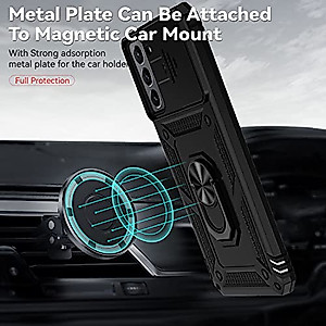 for Samsung Galaxy S21 Case with Camera Lens Cover HD Screen Protector, Dual Layer Military-Grade Drop Tested Magnetic Ring Holder Kickstand Protective Phone Case for Samsung Galaxy S21 5G (Black)