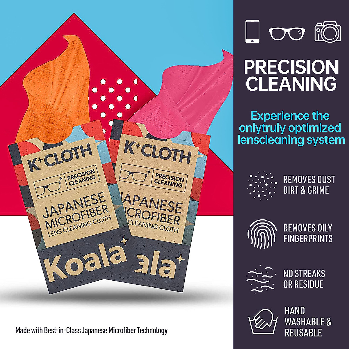 Koala Lens Cleaning Cloth | Japanese Microfiber | Glasses Cleaning Cloths | Eyeglass Lens Cleaner | Eyeglasses, Camera Lens, VR/AR Headset, and Screen Cleaning | Pink & Orange (Pack of 2)