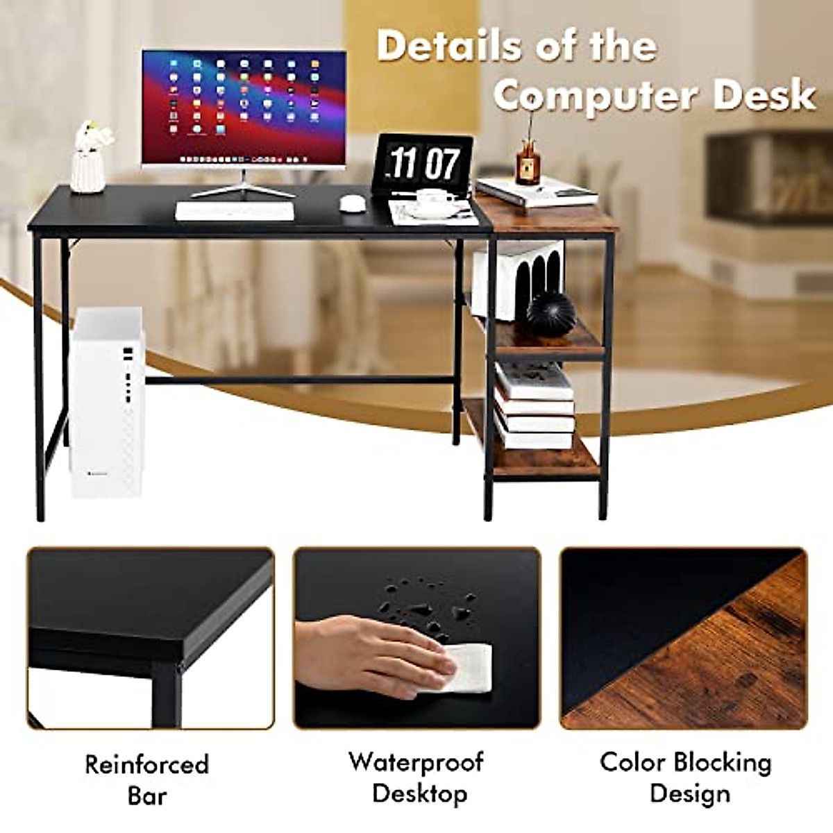 CHEFJOY 55” Computer Desk w/Storage Shelf, Industrial Home Office Desk, PC Laptop Desk w/Heavy-Duty Steel Frame, Simple Style Wood Writing Desk for Bedroom, Study