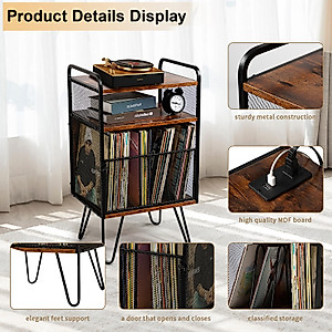Hadulcet 3 Tier End Table, Record Player Stand with USB Ports and Outlets, Turntable Stand for Vinyl Storage with 3 Dividers, Industrial Side Table for Living Room Bedroom, Rustic Brown