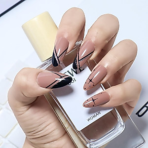 24 PCS French Tip Press on Nails Medium Almond Shape False Nails Gold Glitter Full Cover False Nails with Black Gold Line Star Design Artificial Fingernails for Women Girls Acrylic Manicure Decoration
