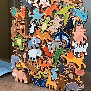 Stacking Blocks 42 pcs Large Gift Set Wooden Balancing Game Funny Animals Building Blocks Wooden Kids Blocks in Gift Box Balance Toy Stack Game Holiday Birthday Gift Wooden Stacking Toy Funny Anim-42