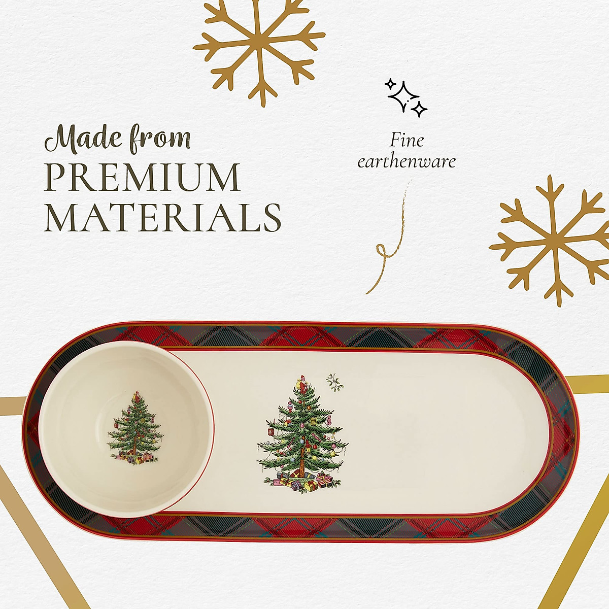 Spode Christmas Tree Collection| Tartan 2 Piece Chip and Dip| Measures 13-Inches| Made of Fine Earthenware| For Sauces and Appetizers| Dishwasher, Microwave, and Freezer Safe
