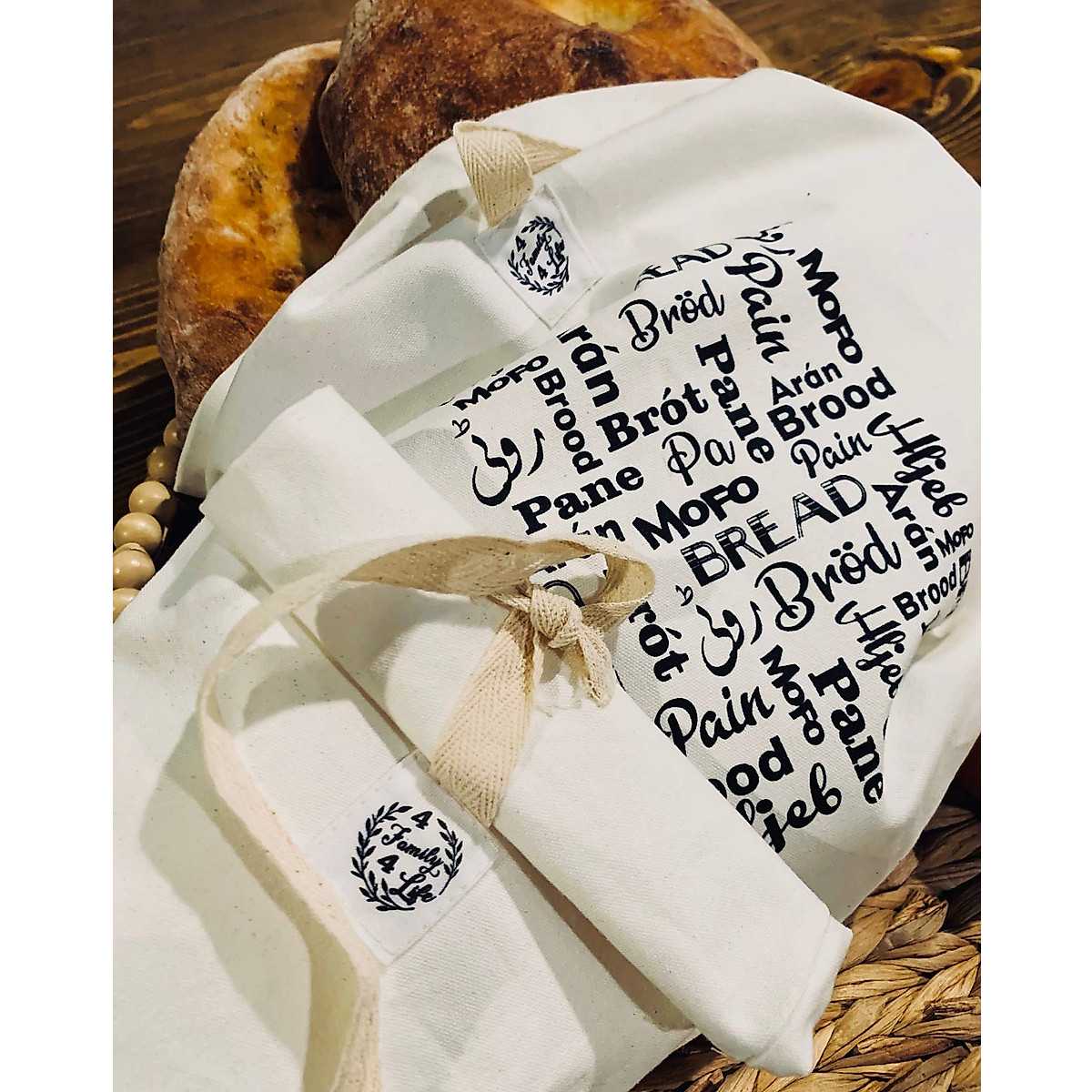 Bread Bags for Homemade Bread, Bread Bags, Bread Bags for Homemade Bread Gift Giving, Bread Keeper, Organic Cotton, Pack of 4 (Baguette and loaf)