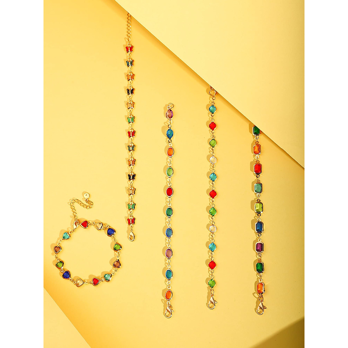 Jadive 5 Pieces 18k Gold Plated Crystal Anklets for Women Multi Stone Bracelet Rectangular Round Heart Oval Butterfly Shaped Cute Anklet Bracelet for Women Girls Jewelry Gift(Gold)