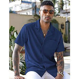 COOFANDY Men's Wrinkle Free Button Down Shirt Short Sleeve Business Casual Untucked Shirts Lightweight Stretch Shirt Navy Blue