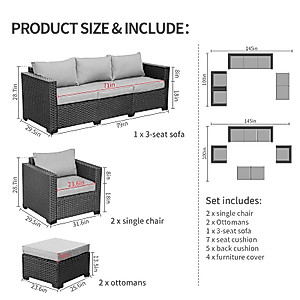 Rattaner Outdoor Wicker Furniture Couch Set 5 Pieces Patio Furniture Sectional Sofa with Grey No-Slip Cushions and Waterproof Covers