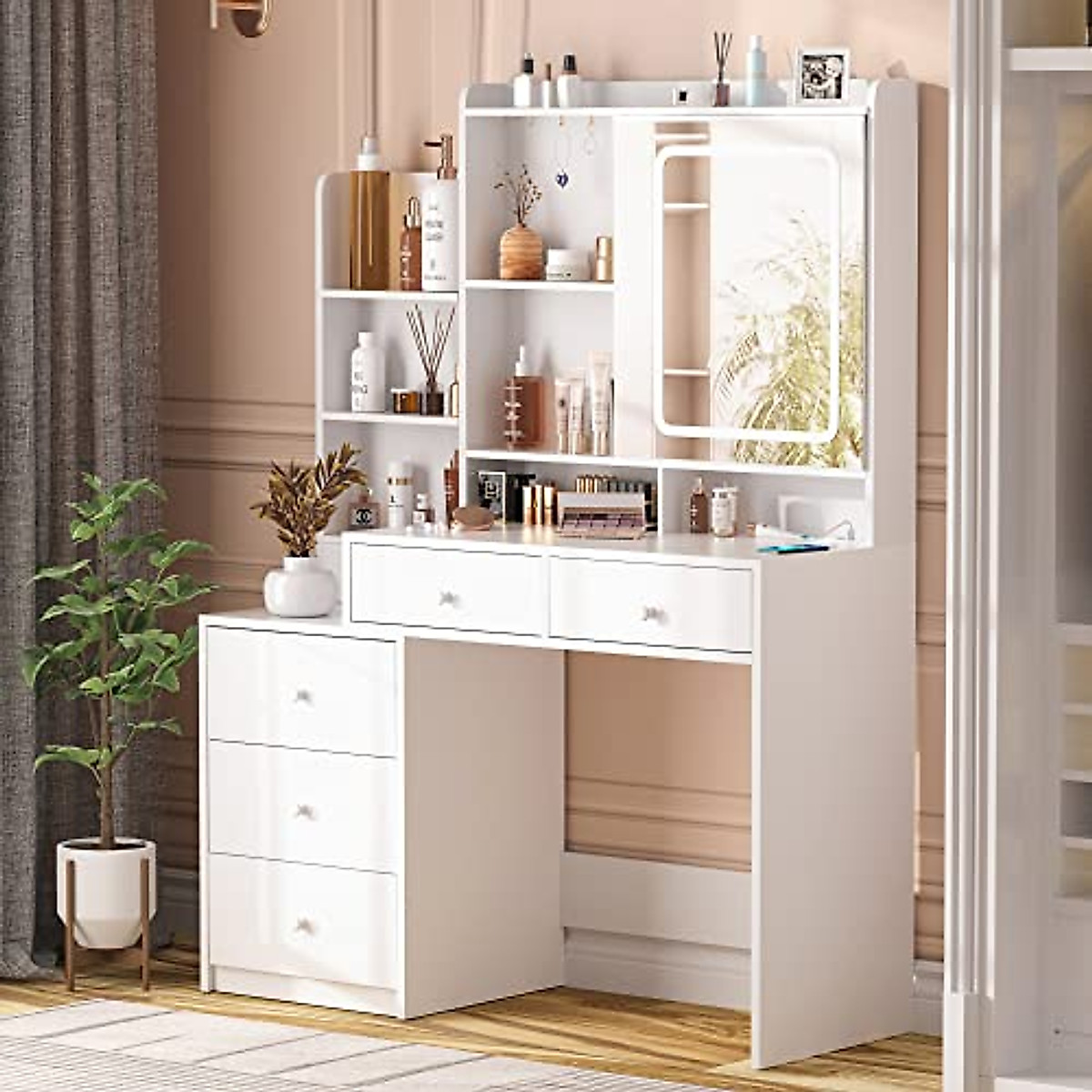 Vabches Vanity Desk with Mirror and Lights,Makeup Vanity with 6 Drawers and Shelves,Vanity Table with Power Outlet,Makeup Desk with Led Lighted Mirror in 3 Colors,for Bedroom,White