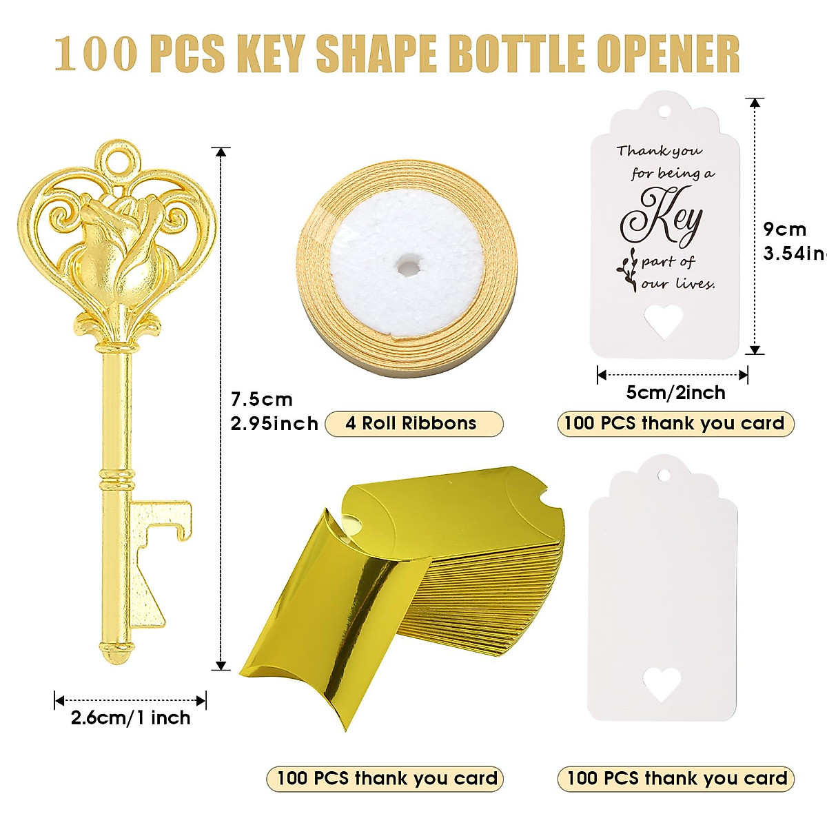 XHIPY 100 Sets Skeleton Key Bottle Opener Wedding Favors, Bridal Shower Gift for Guests with Thank You Tag Card Pillow Candy Box and Satin Ribbon (Gold)
