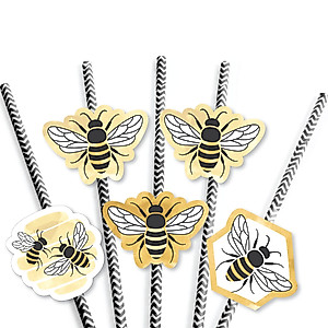 Big Dot of Happiness Little Bumblebee - Paper Straw Decor - Bee Baby Shower or Birthday Party Striped Decorative Straws - Set of 24