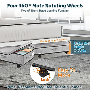 Supowin Under Bed Storage with Wheels, Rolling Underbed Storage Containers with Lids, Under Bed Shoe Storage Bins Organizer with Reinforced Metal Bottom Support and Three Handles, 2 Pack Grey