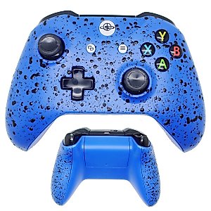 Blue 3D Splashing Faceplate Cover Textured Front Housing Shell Case, Back Cover Bottom Case, Non-Slip Back Panels Right Left Rails Rear Handle Grips Mod Kit Replacement for Xbox One S & X Controller