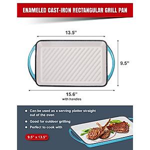 Enameled Cast-Iron Rectangular Grill Pan with Ridges, Oven Safe, Non-Stick Coating, Loop Handles, 9.5" x 13.5", Enameled Blue