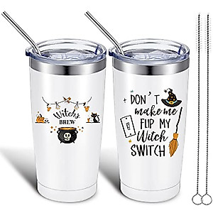 2 Pack Halloween Witch Tumbler Mug Cup, 20 oz Witch's Brew Dont Make Me Flip My Witch Switch Gothic Insulated Travel Coffee Cup, Novelty Funny Gift for Friend Sister Coworker, Includes Straw and Brush