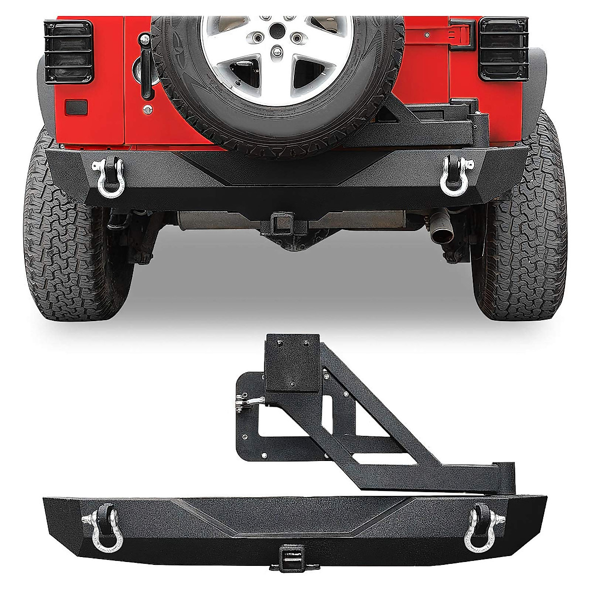 LEDKINGDOMUS Front& Rear Bumper with Tire Carrier Compatible with 07-18 Jeep Wrangler JK JKU Rubicon Sahara Sports Model w/ 2x 60W Fog Light, Winch Plate and D-rings Offroad Rock Crawler Bumper