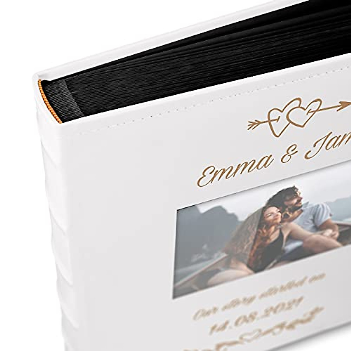 Maverton Photo Album - Customised white cover with a photo frame - 60 black pages - Memory book for couples - for parents - Photo Book for wedding - Love