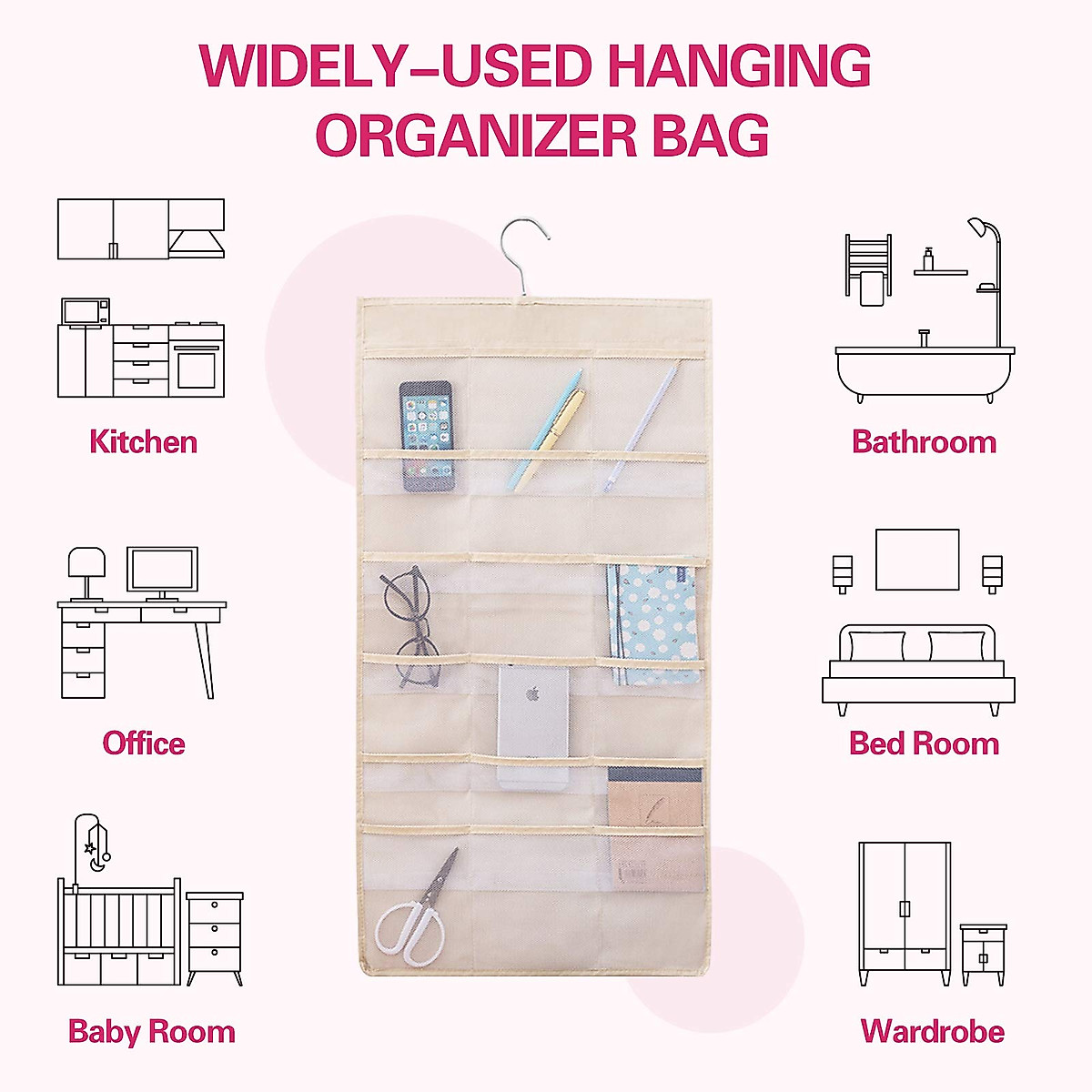 Hanging Mess Pockets Dual Sided Wall Shelf Wardrobe Organizers Storage Bags,Closet Hanging Organizer with 36 Mesh Pockets & Rotating Metal Hanger,for Bra Underwear Underpants Shoes Sock (Beige)