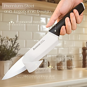 Astercook Knife Set, Kitchen Knives with Block and Sharpener Ceramic Coating 15 Pcs German Stainless Steel Knives Sharp Blade Dishwasher Safe Kitchen Utensils Set with Ergonomic Handle, Elegant Black