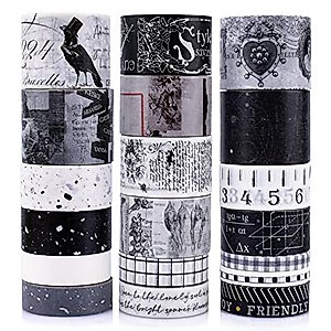 DAPUTOU 20 Rolls Vintage Washi Tape Set,Wide Floral Stamp Letter Old Newspaper Antique Retro Decorative Masking Tape Sets for Scrapbook, Craft,Kids, Scrapbooking Supplies (Black)