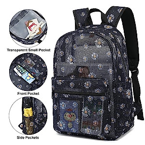Kouxunt Daisy Mesh Backpack for Girls Women, See Through Casual School College Student Bookbag (Black)
