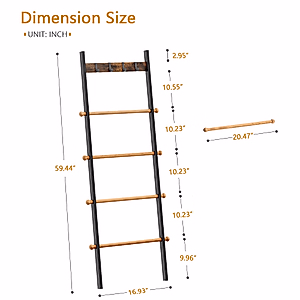 Gewudraw 5 Feet Blanket Ladder,5-Tier Towel Rack Holder with 4 Hooks,Wall Leaning Ladder Shelf, Decorative Ladder Blanket Holder Rack,Farmhouse Home Decor for Living Room,Bathroom,Bedroom,Rustic Decor