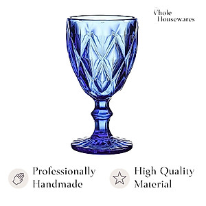 WHOLE HOUSEWARES | Goblet Glass Drinkware Set | Vintage Drinking Cups | 9.5oz Water Goblets Glasses | Set of 6 Colored Glassware for Kitchen | For Wedding or Parties | Cobalt Blue Diamond Pattern