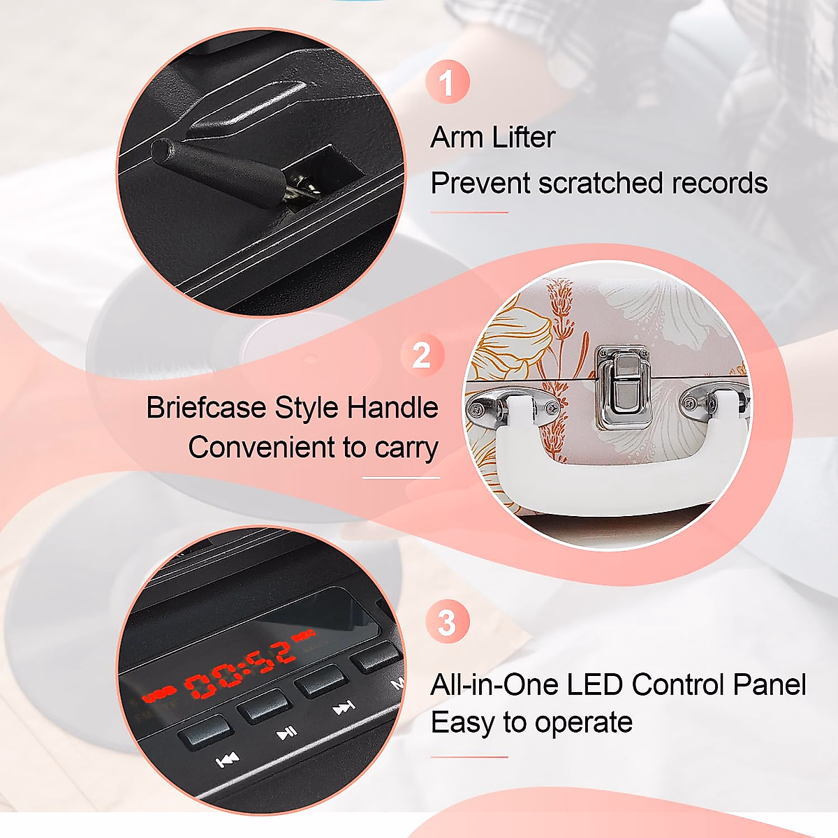 Vinyl Record Player Bluetooth Vintage 3-Speed Portable Suitcase Turntables with Built-in ...