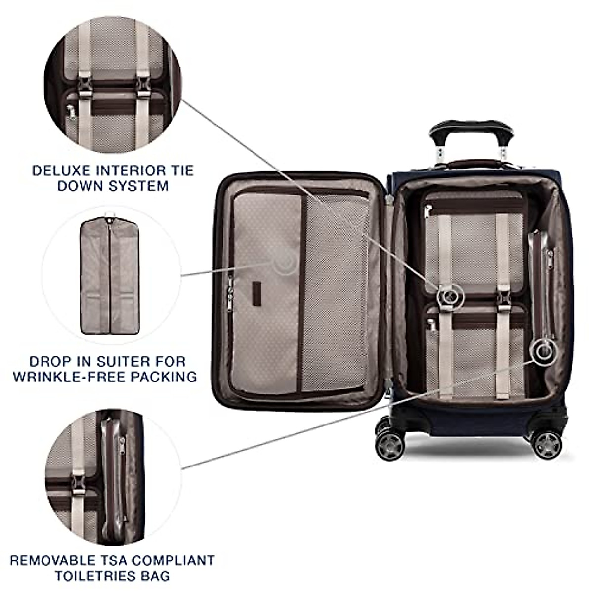 Travelpro Platinum Elite Softside Expandable Carry on Luggage, 8 Wheel Spinner Suitcase, USB Port, Suiter, Men and Women, True Navy Blue, Carry On 21-Inch