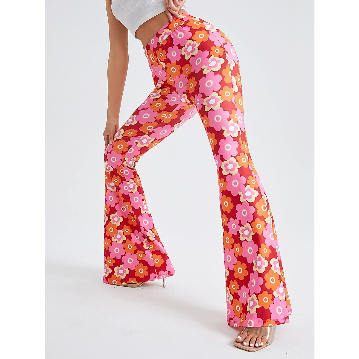 OYOANGLE Women's Floral Print High Waist Yoga Pants Wide Leg Pants Bell Bottom Trousers Orange and Pink S